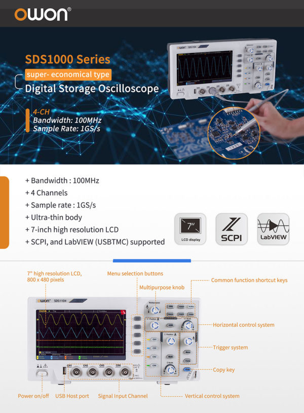 SDS1104 – Osciloscopio Digital Owon 100 MHz 4 CH - Cosmel Electrónica